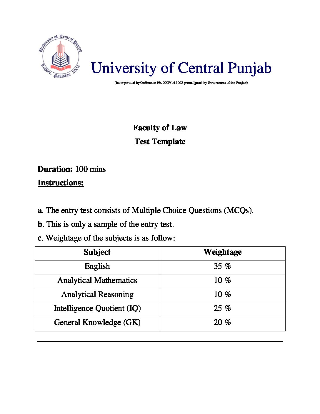 Test-Template-LLB - University of Central Punjab